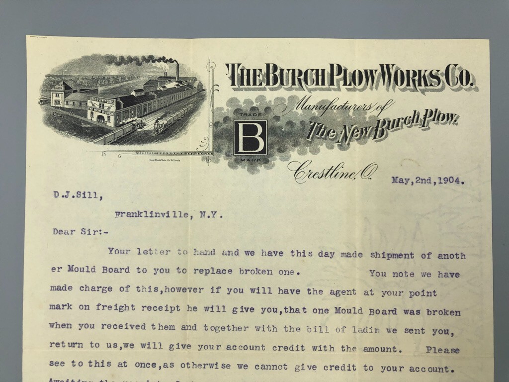 1904 BURCH PLOW WORKS Co Letterhead Antique Farm Advertising CRESTLINE ...