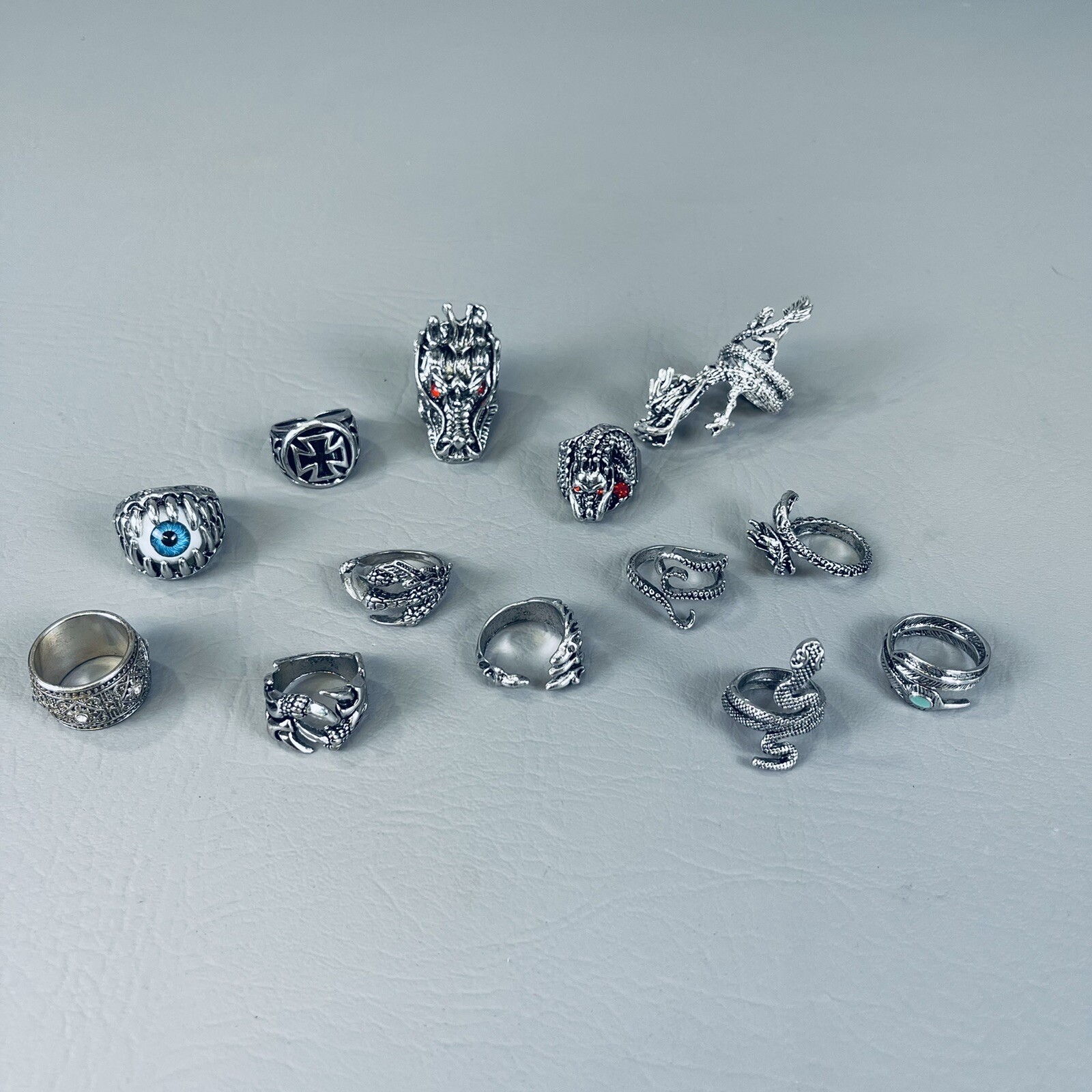 Lot of 13 Large Gothic Rings Dragons Snakes Claws Eye… - Gem