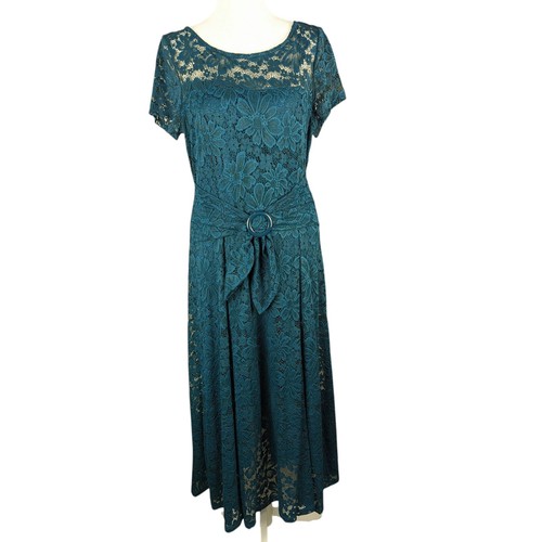 Perceptions New York Floral Lace Midi Dress Sz M Peacock Blue Cinchable ...