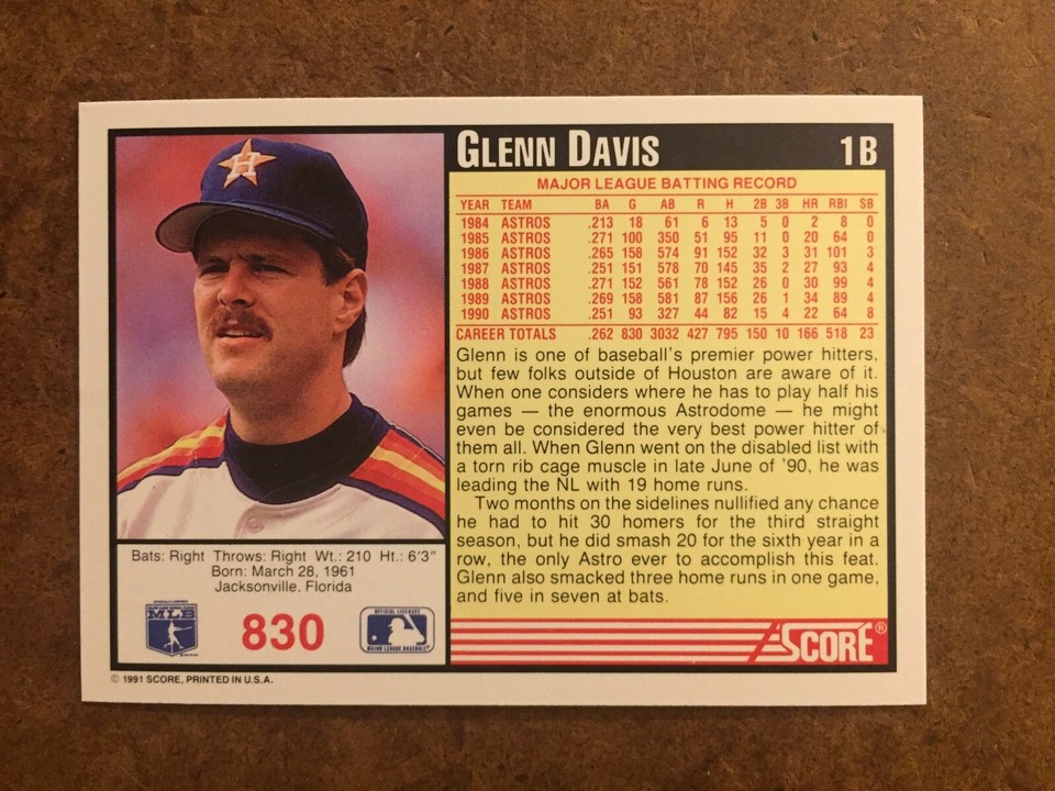 Glenn Davis 830 Score 1991 MLB Baseball Trading Card | eBay