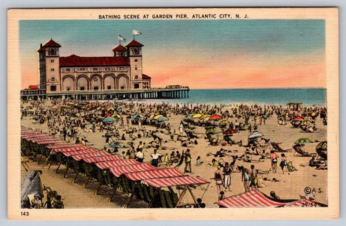 VTG Atlantic City NJ Garden Pier Bathing Scene Linen Made in USA Linen ...