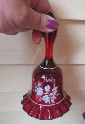 Vintage Ruby red ruffled bell with flowers and marked mother ..mothers ...