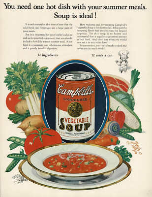 1920s Vintage Food Campbell Soup Chef Kitchen Decor Color Art Print Ad ...
