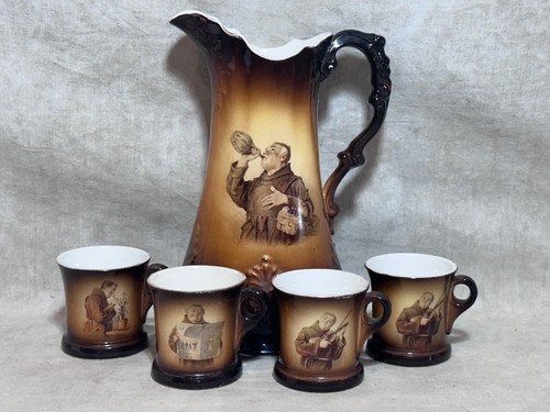 Antique Warwick China Pitcher Set with 4 Mugs Friar Monk Tankard Jug | eBay