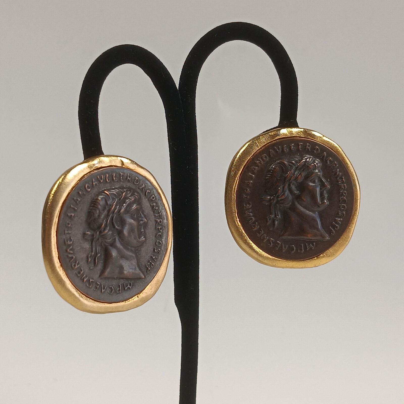 Vintage Bronze Ancient Greek Roman Coin Clip Earrings Brushed Gold Face ...