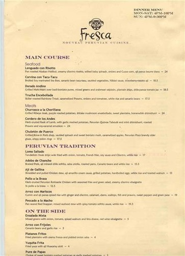 Fresca Cena Menu Nouveau Peruvian Cuisine Fillmore St San Francisco ...