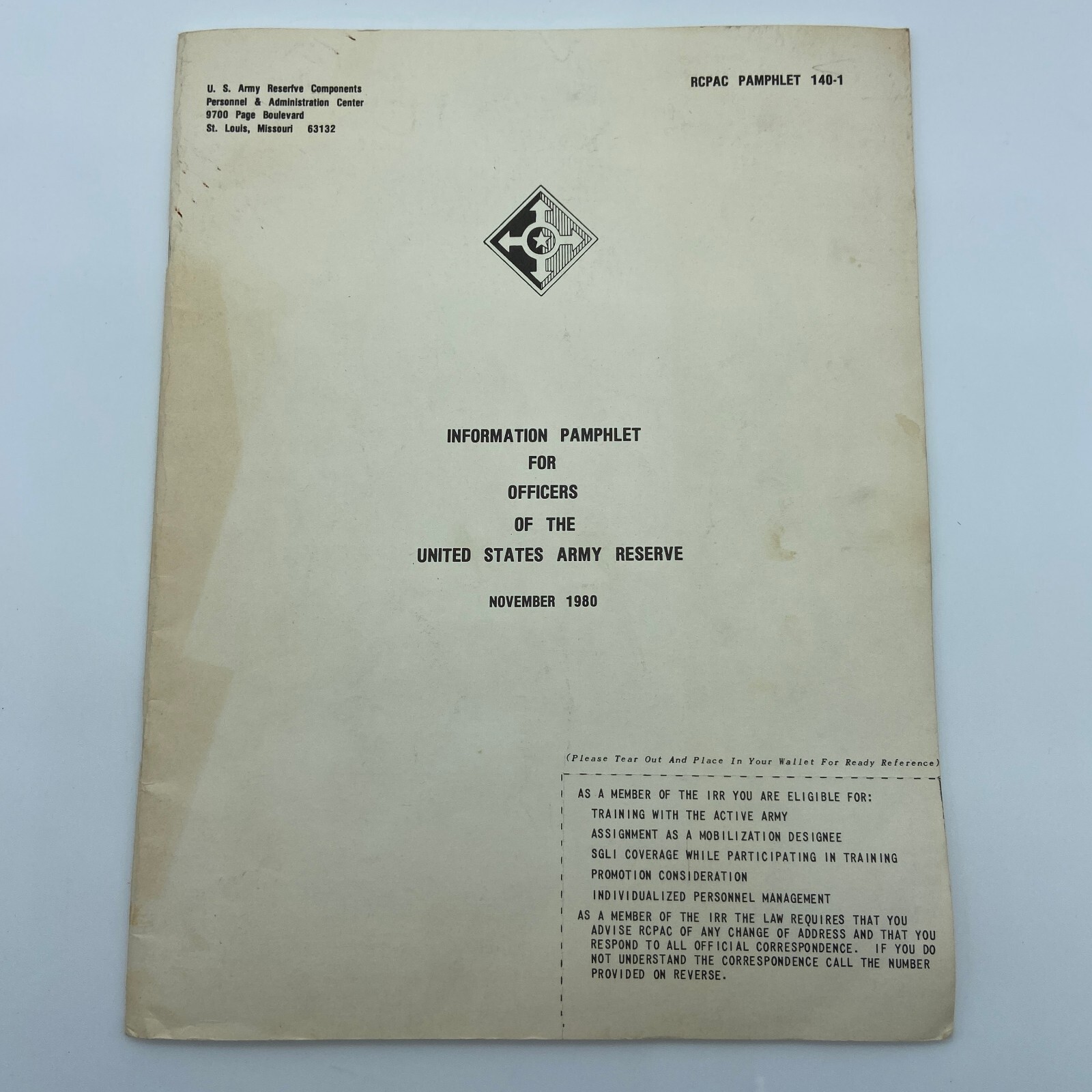 US Army Reserve Information Pamphlet for Officers 1980 RCPAC 140-1 | eBay
