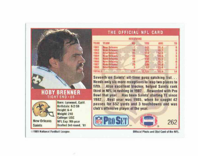 Hoby Brenner New Orleans Saints TE #85 #262 NFL Pro Set 1989 Football ...