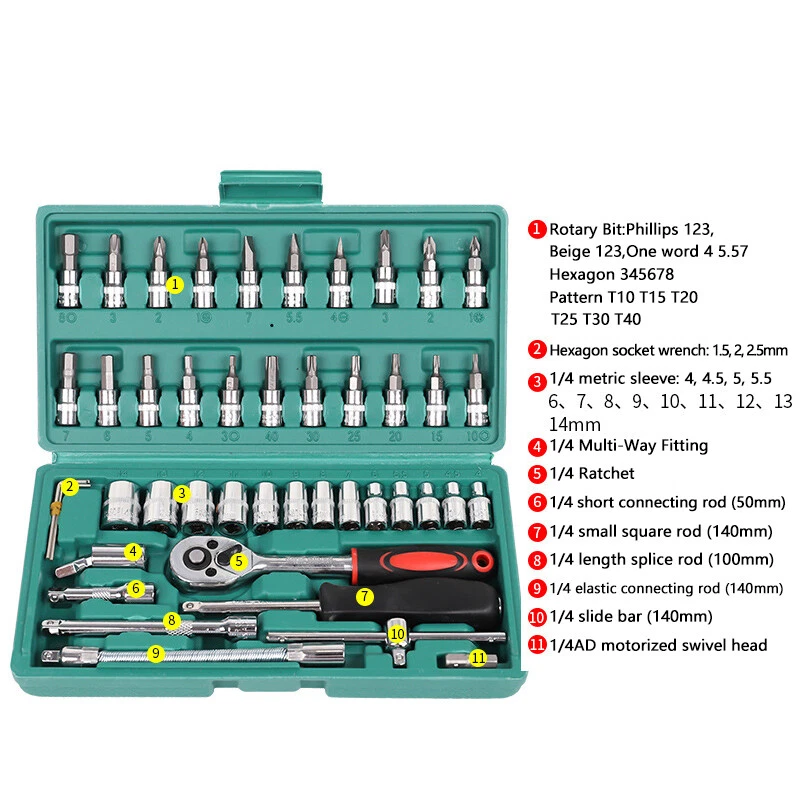 12/46/53PCS 1/4"Ratchet Wrench Combination Socket Tool Set Kit Car ...