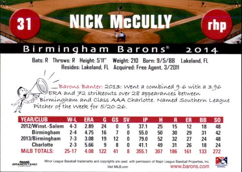 2014 Birmingham Barons Grandstand 15 Nick McCully Lakeland Florida ...
