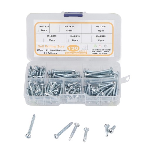 130Pcs Self Drilling Tapping Screw M4.2 Slot Round Head Galvanized Ca ...