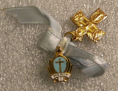 Vintage Christian Catholic Merit Pin with Cross Jesus Virgin Mary Gold ...