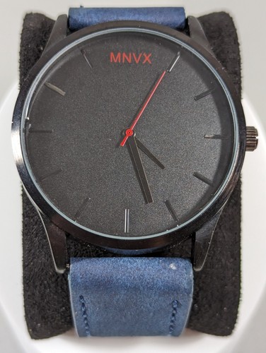 MNVX Black Dial Round Case Blue Faux Leather Band Watch | eBay