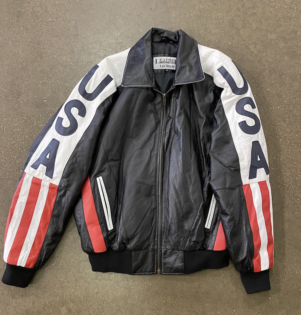 Vintage USA Leather Bomber Jacket Flag Embroidered Le… - Gem