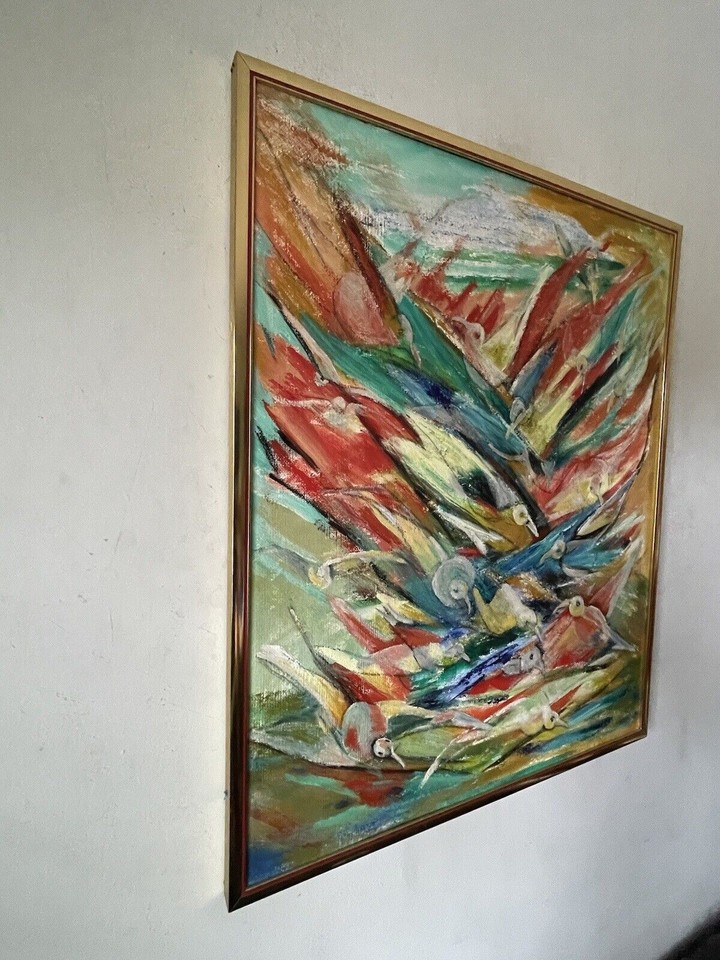 Jean Lanigan Vintage Modern Abstract Parrot Bird Oil Painting Old ...