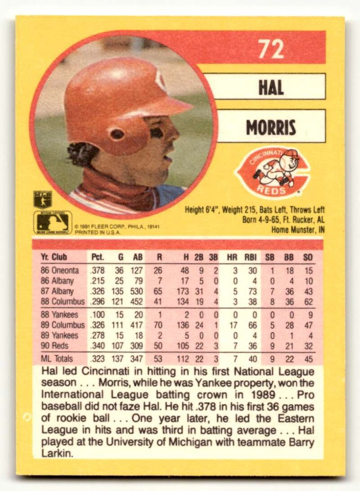 1991 Fleer #72 Hal Morris Cincinnati Reds Baseball Cards EX/NM ID:55229 ...