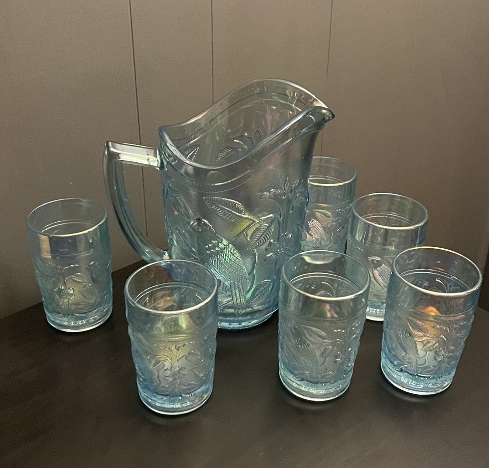 Imperial Lenox -Robin -Light Ice Blue Carnival Glass - Pitcher & 6 ...