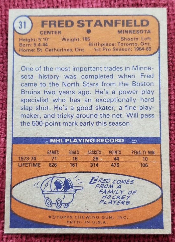 Fred Stanfield Minnesota North Stars Center Topps 1974 Card #31 | eBay