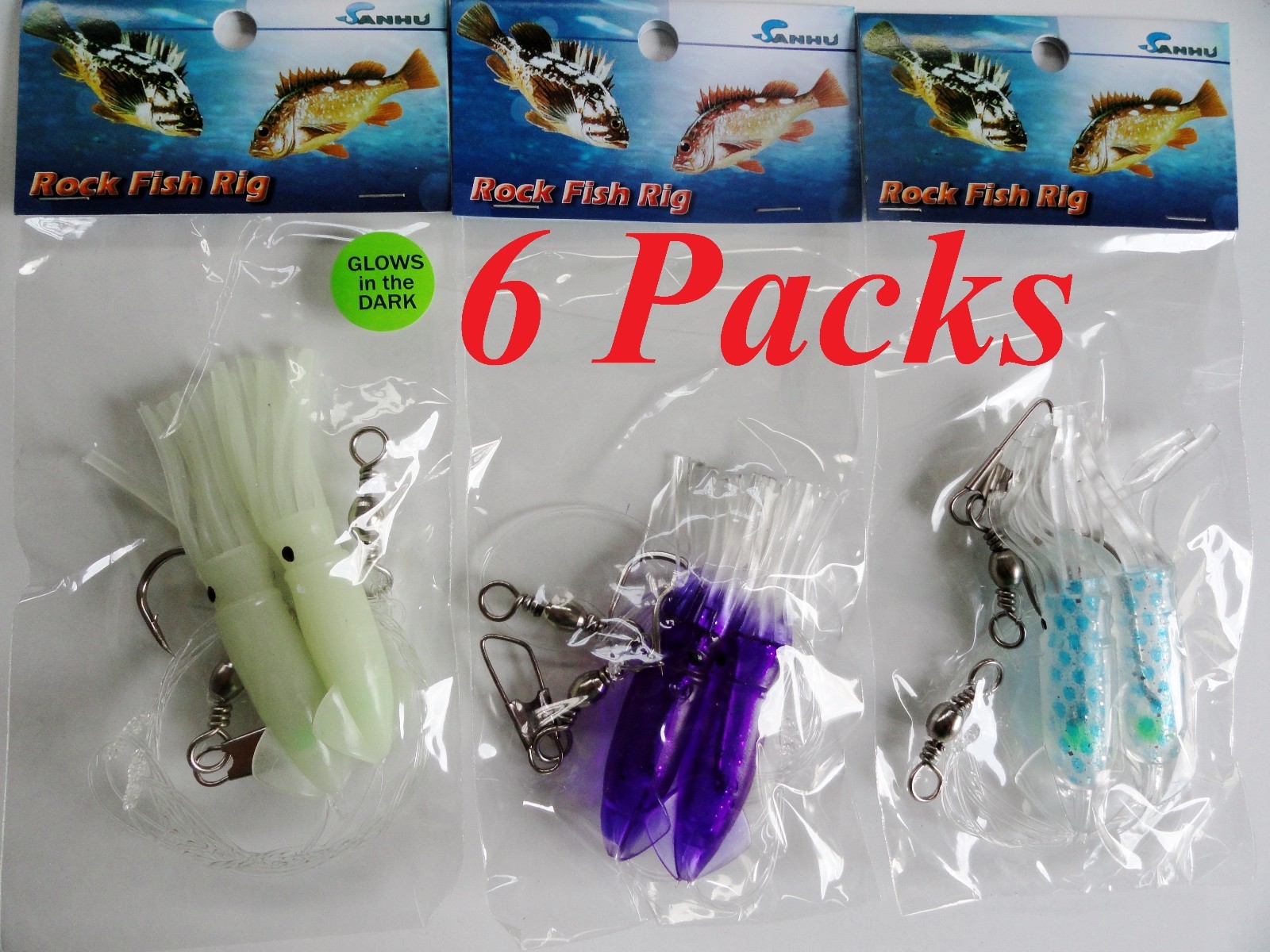 6 Packs Rock Cod Rig Two Bulb Squid Rigged Fishing Trolling Fishing ...