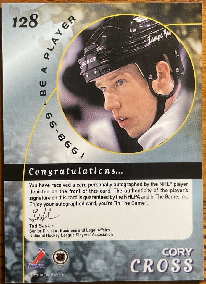 1998-99 Be A Player Autographs Cory Cross #128 Tampa Bay Lightning | eBay