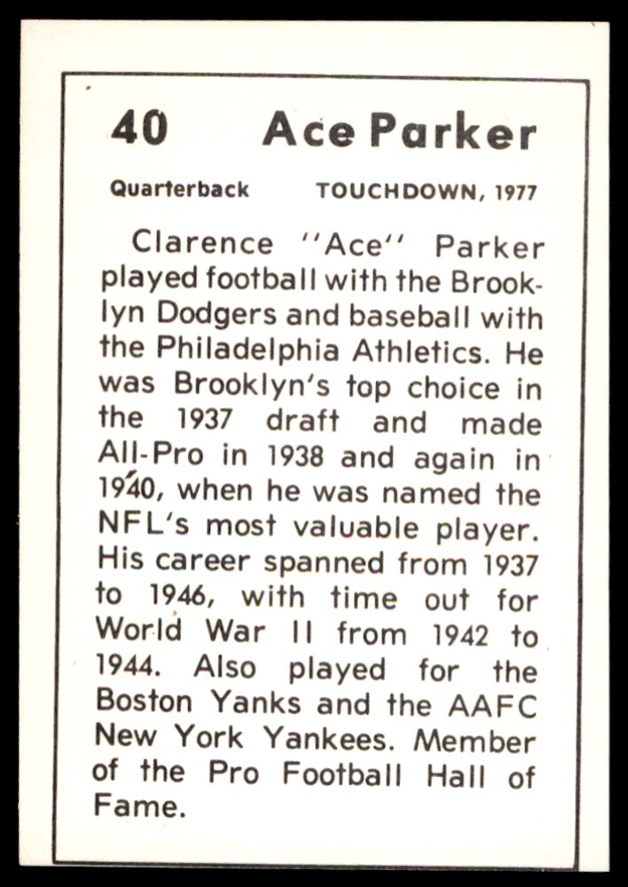 1977 TOUCHDOWN CLUB ACE PARKER NEW YORK YANKS #40C HOF | eBay