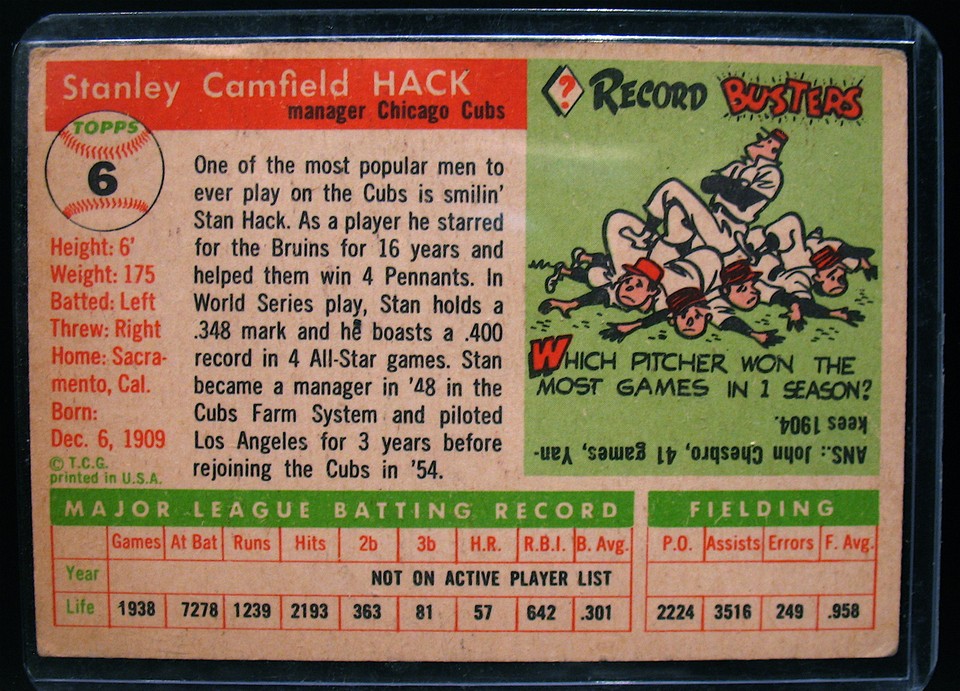 1955 Topps STAN HACK #6 Baseball Card-VG/EX Condition-CHICAGO CUBS | eBay