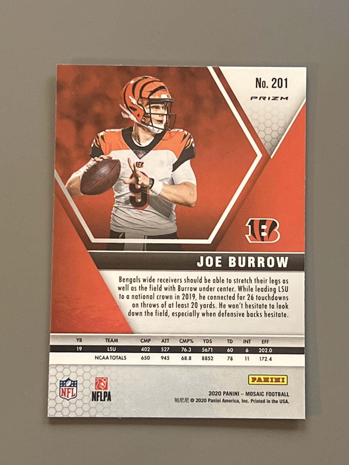 2020 Panini Mosaic Joe Burrow Rookie Card Reactive Orange Prizm RC #201 ...