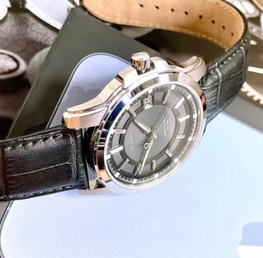 Bulova Precisionist Gray Dial Silver Tone Black Leather Band Men's ...