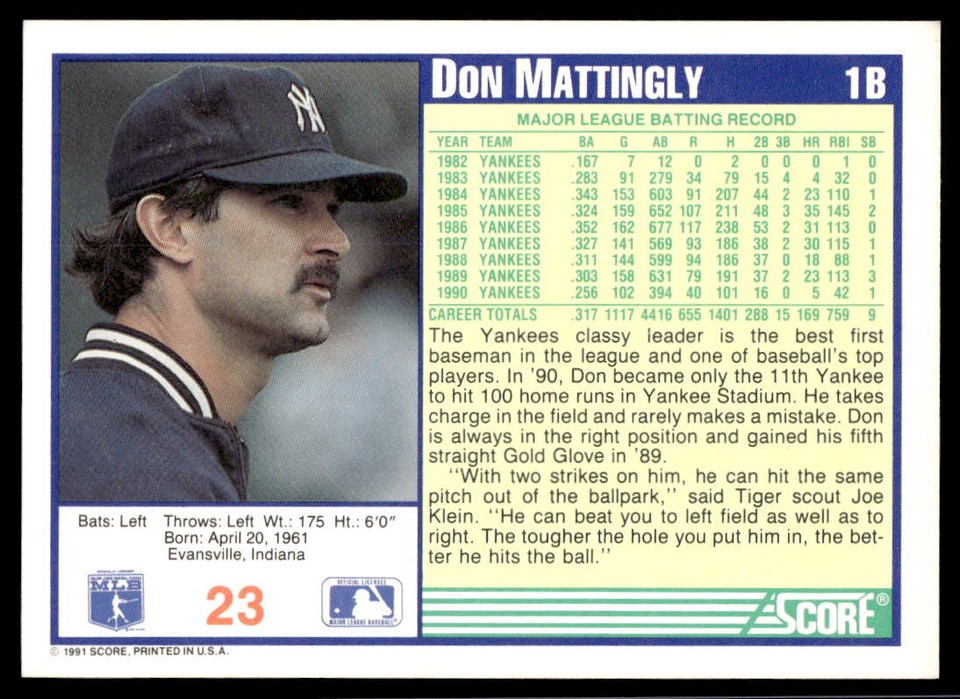 Don Mattingly 1991 Score 23 New York Yankees Baseball Card | eBay