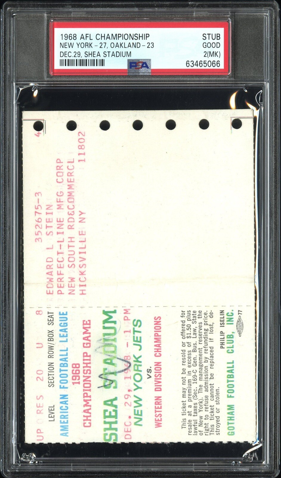 1968 AFL CHAMPIONSHIP TICKET STUB JETS VS RAIDERS 12/29/68 JOE NAMATH ...