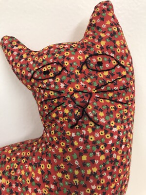 Calico Cat Plush Homespun Stitched Face 12x8 Red Floral Fabric Crafty ...