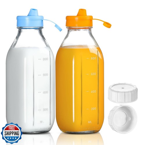 2 Pack Milk Bottle with 2 Dispenser Cap, 32 Oz Reusable Glass Bottles ...