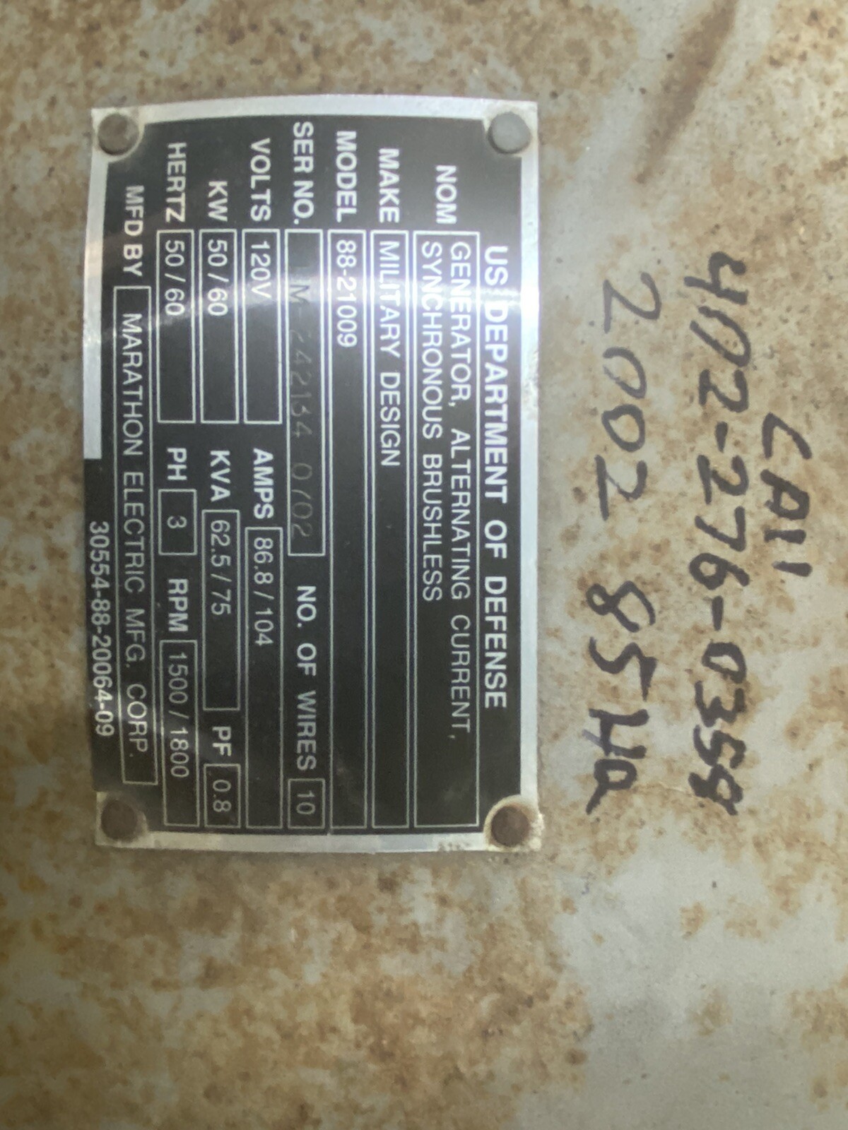 Mep 806b Generator End 60kw Marathon Electric 240v 440v Military Specs ...