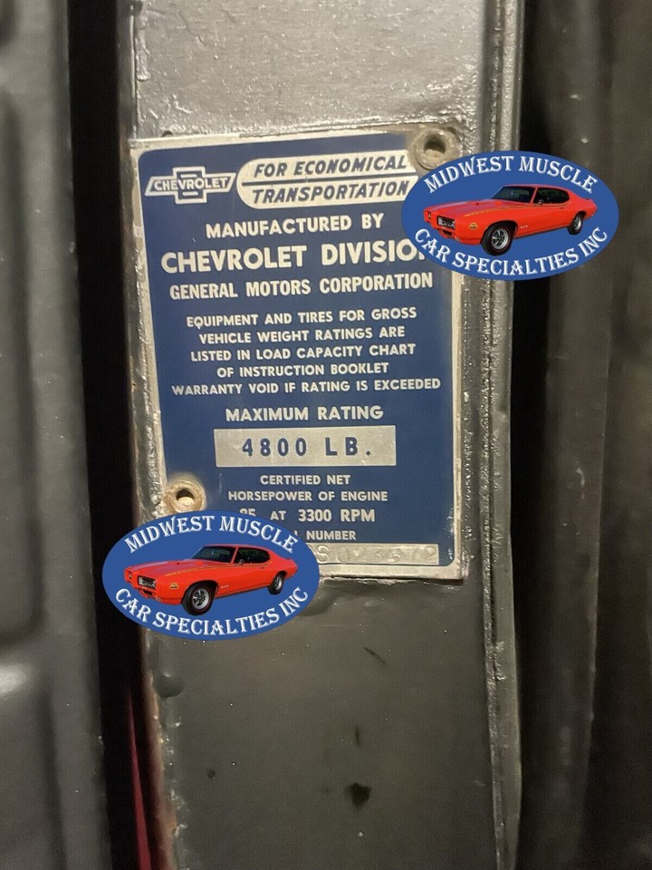 GM Chevy Pontiac Oldsmobile Factory Correct Firewall Cowl Data Plate ...