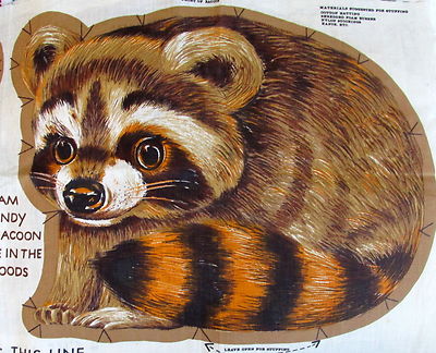 Vtg 70s Brown Raccoon cotton fabric panel cut n sew pillow toy cuddler ...
