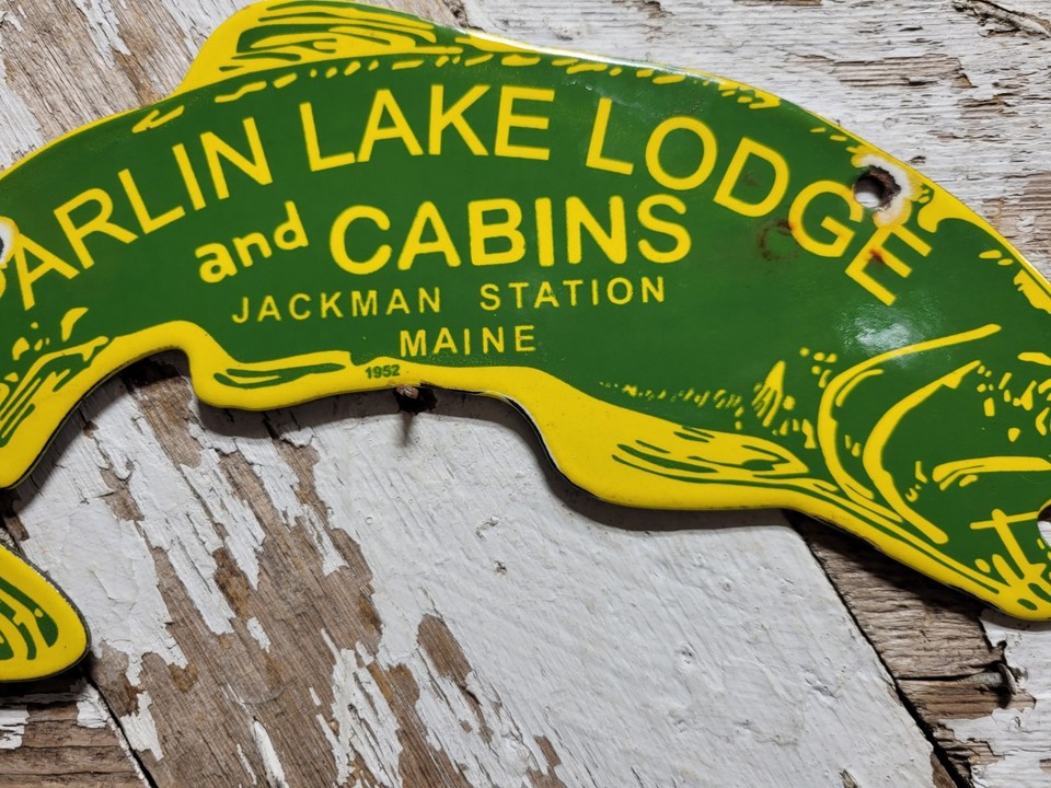 VINTAGE PARLIN LAKE LODGE PORCELAIN SIGN OLD CABIN JACKMAN STATION ...