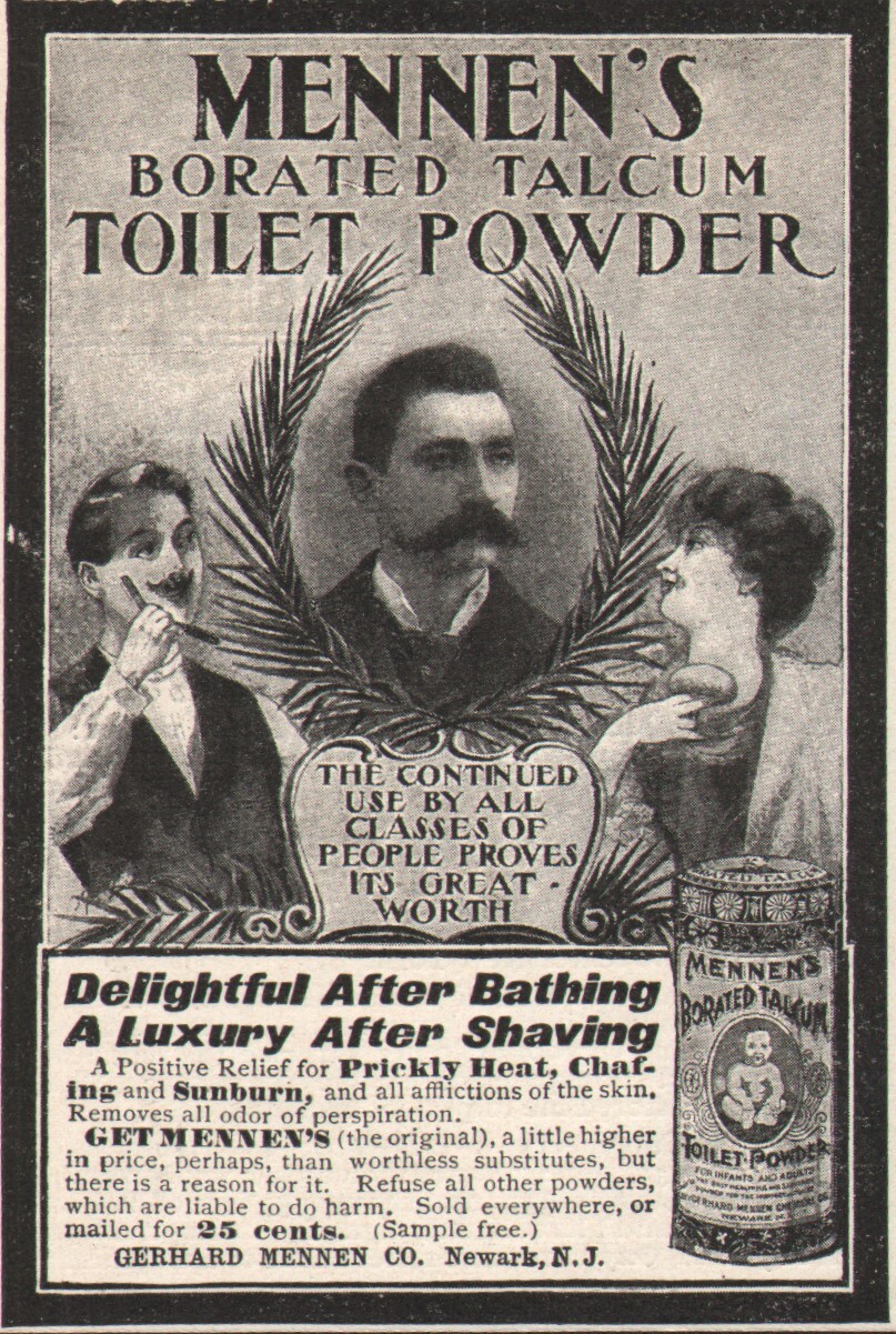 Mennen's Borated Talcum Toilet Powder Moustache Shaving 1899 Antique ...