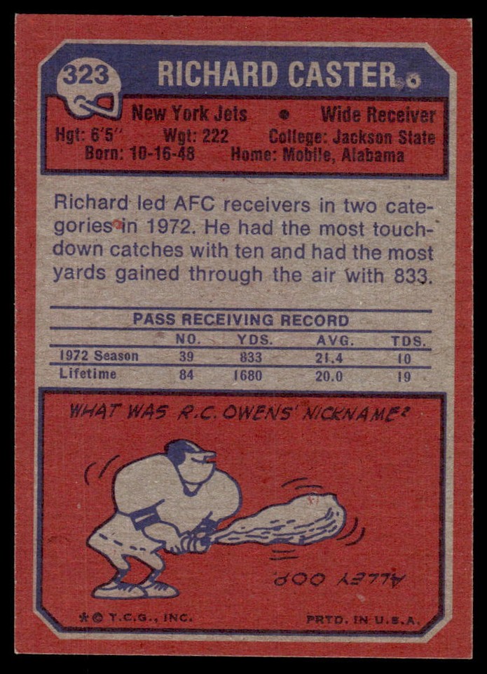 1973 Topps Richard Caster #323 New York Jets Football Card | eBay