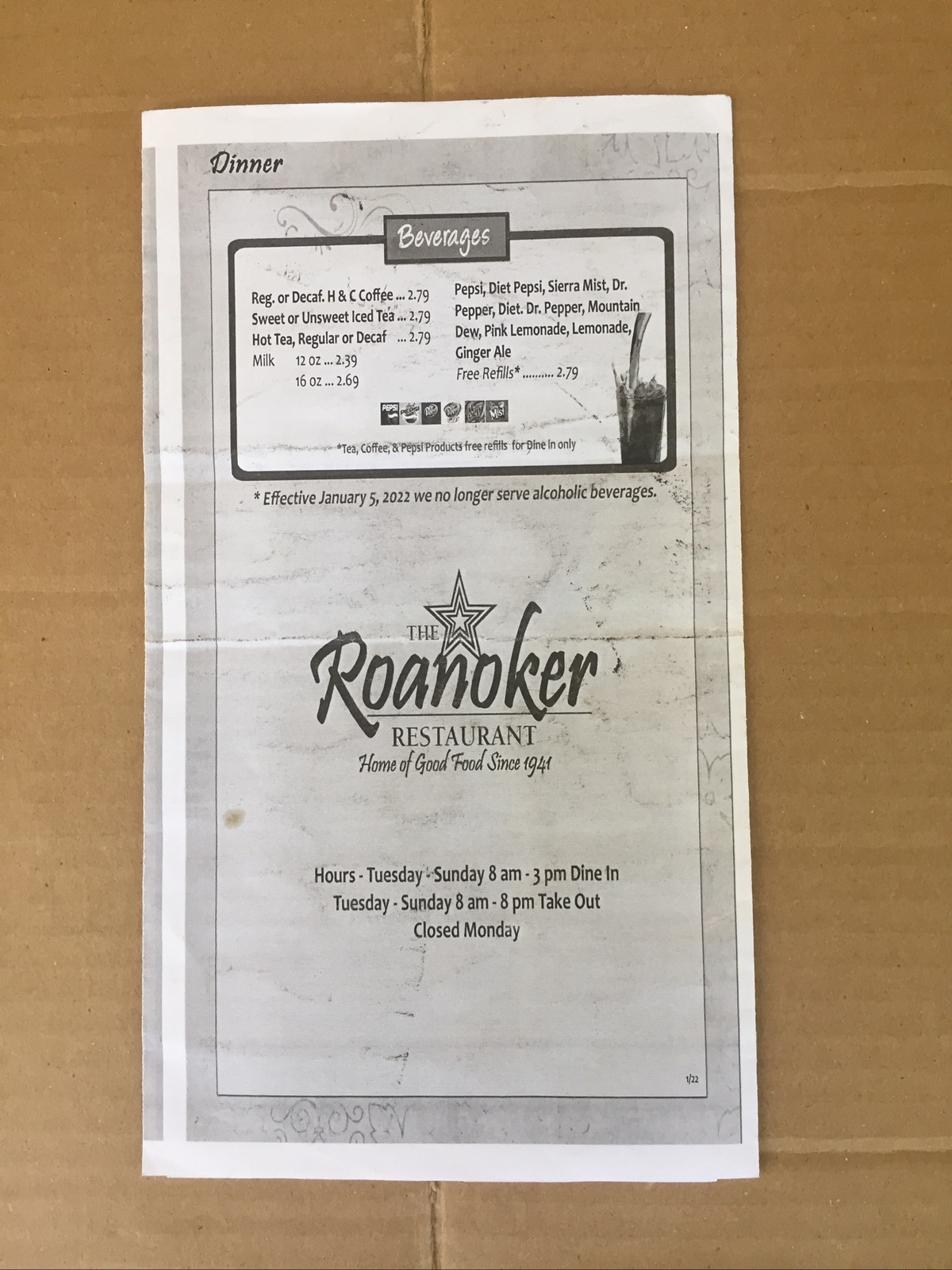 1 VTG ROANOKER RESTAURANT MENU CARD STOCK COVER & 1 NEW MENU ROANOKE VA ...
