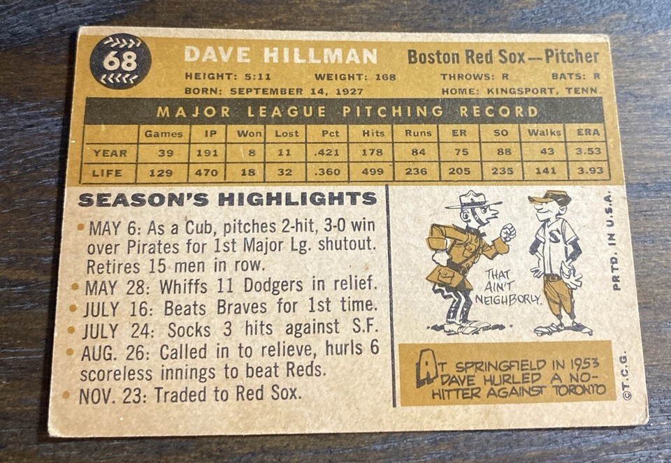 Dave Hillman #68 Signed 1960 Topps Baseball Card Signed Autographed Red ...