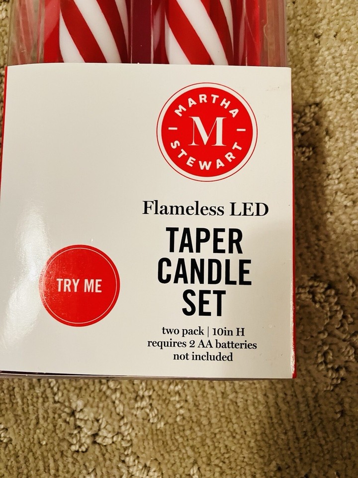 Martha Stewart Flameless LED Peppermint Taper Candles 10" Set of 2 AA ...