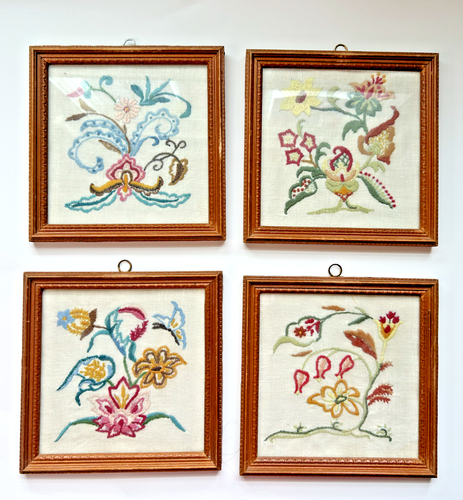 HAND EMBROIDERED 4 FRAMED VINTAGE LINEN FLORAL TEXTILE ART SET | eBay
