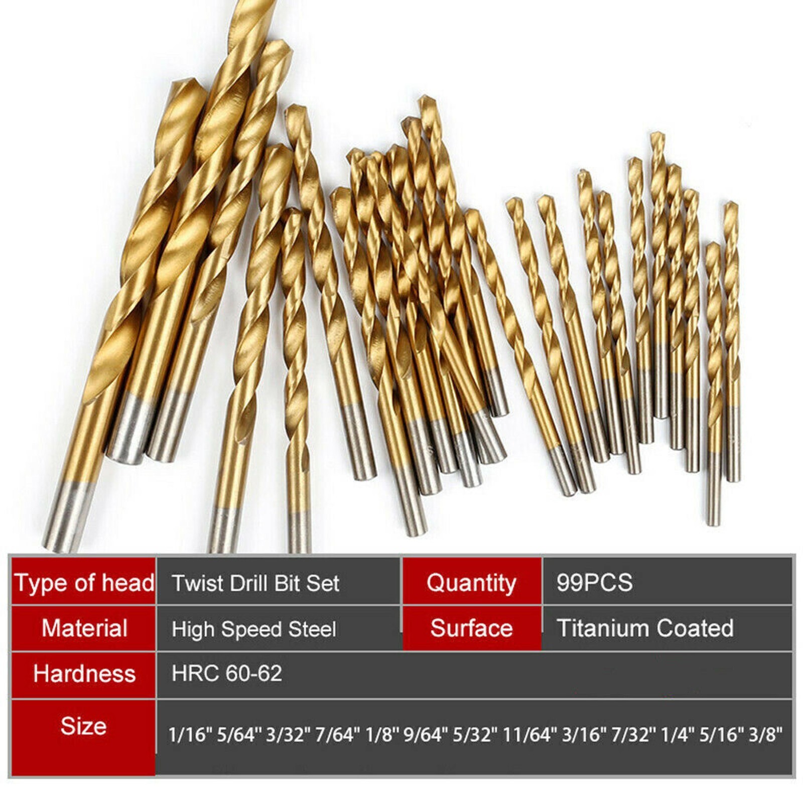 99PCS Drill Bit Set 1/16"-3/8" HSS Titanium Multi Drill Bits Twist ...