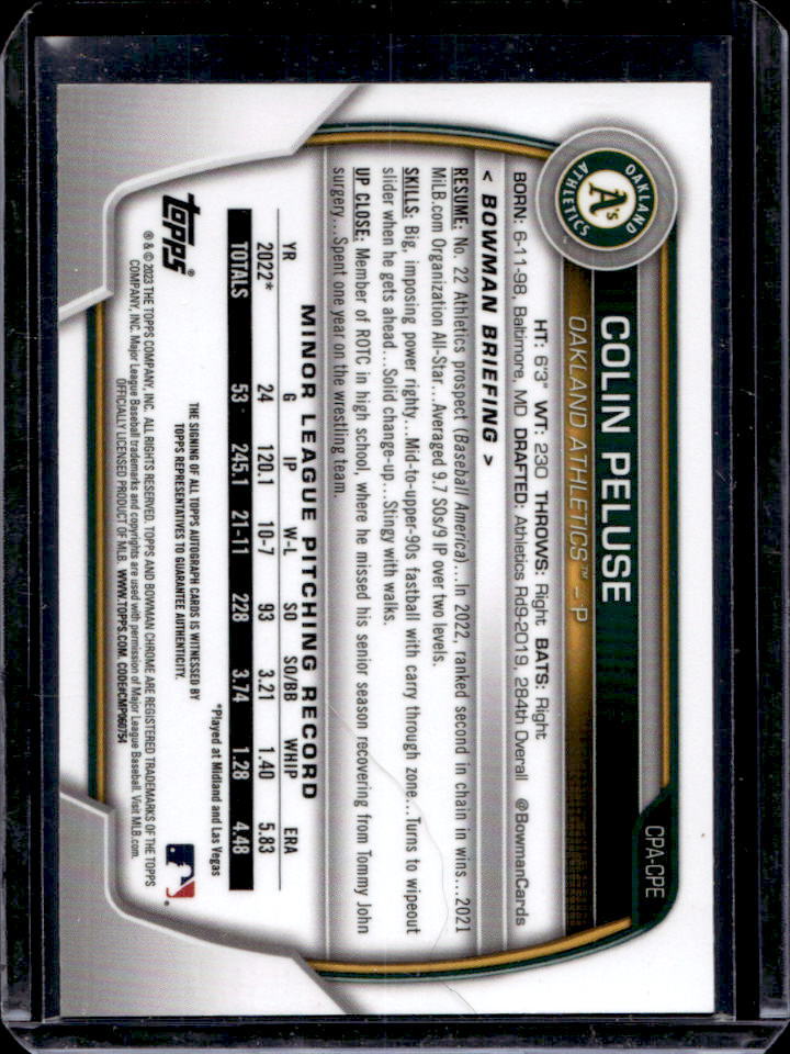 2023 Bowman Colin Peluse Chrome Prospect Auto Speckle Refractor 1st ...