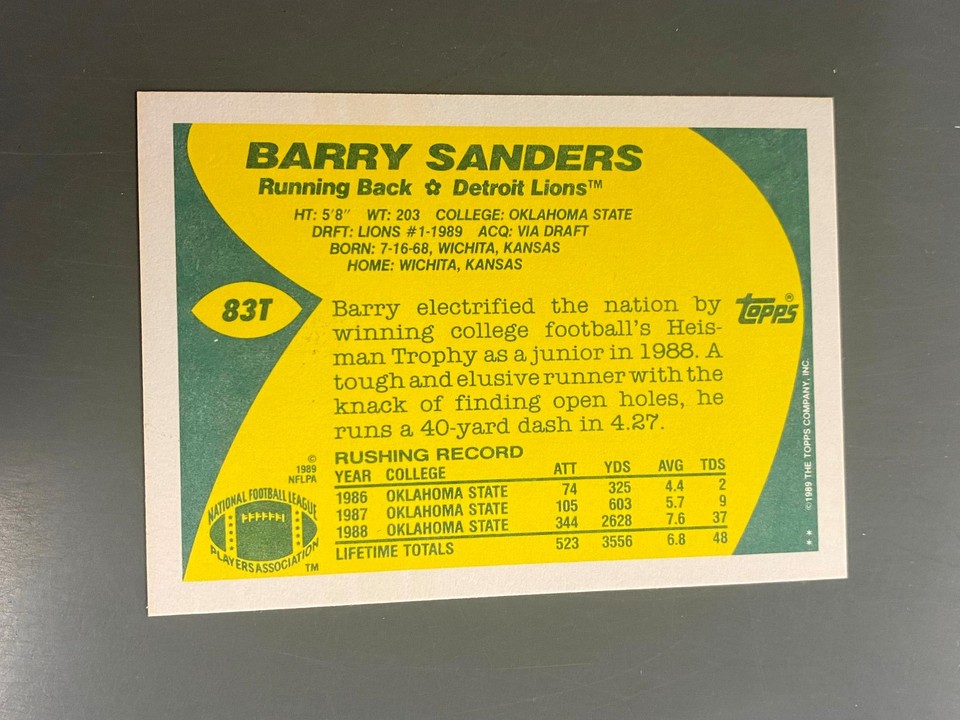 Barry Sanders 1989 Topps Traded Rookie Card RC Detroit Lions #83T C8 | eBay
