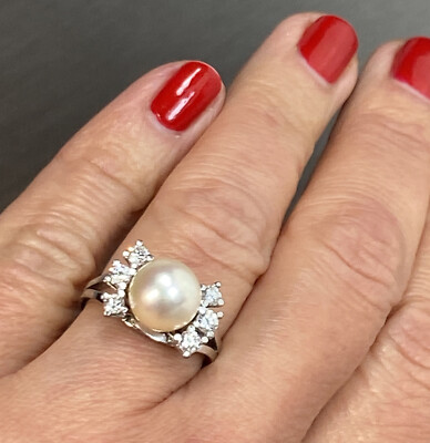 18K White Gold 8.5mm White Pearl Diamond Ring 6.25 Split Shoulders | eBay