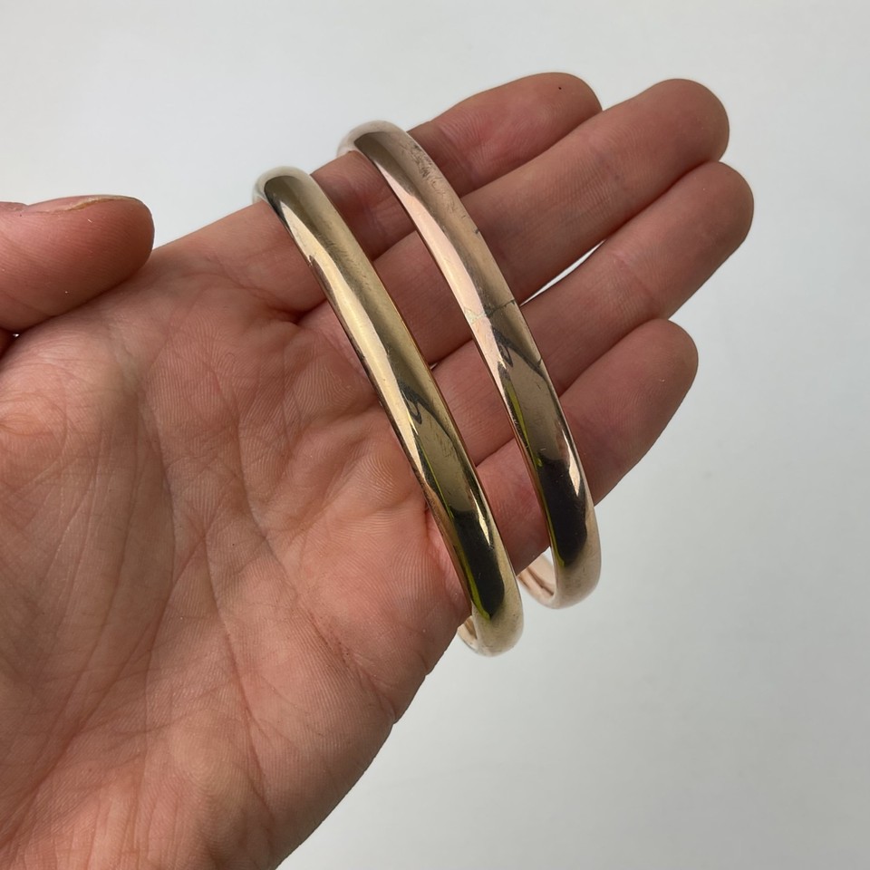 9ct Gold Lined Silver Filled Bangle Pair *8cm Diameter Each* {39 Grams ...