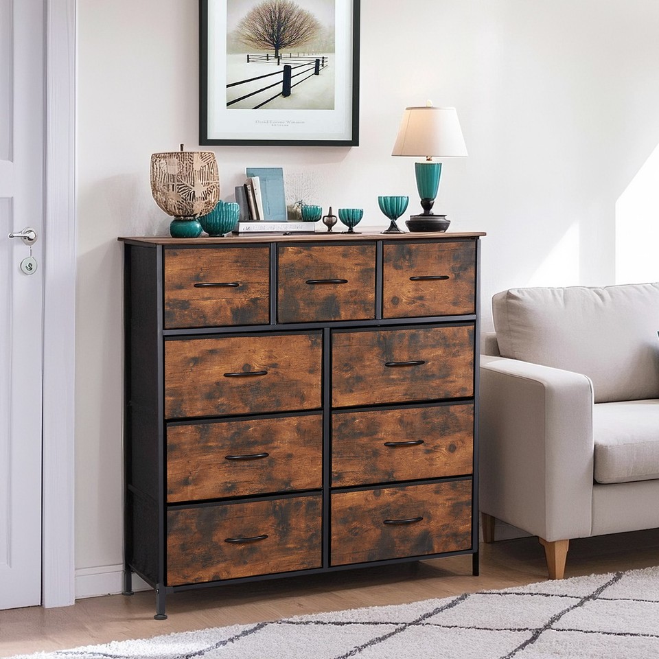 Rustic Brown 9-Drawer Fabric Dresser -Solid Wood Top & Metal Frame,Easy ...