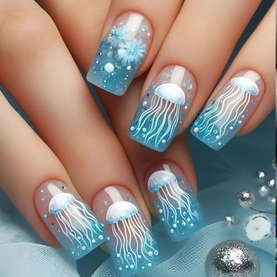 24Pieces Square False Nail Ocean Element Design Translucent Blue ABS ...