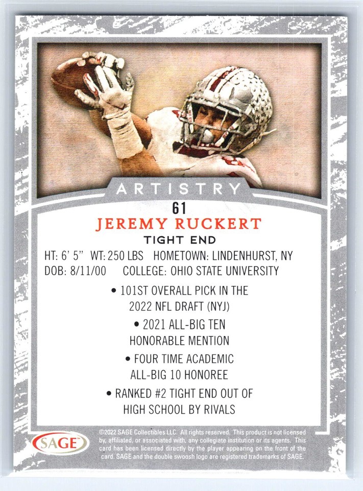 2022 SAGE Artistry #61 Jeremy Ruckert BLACK NY Jets/ Ohio State ...